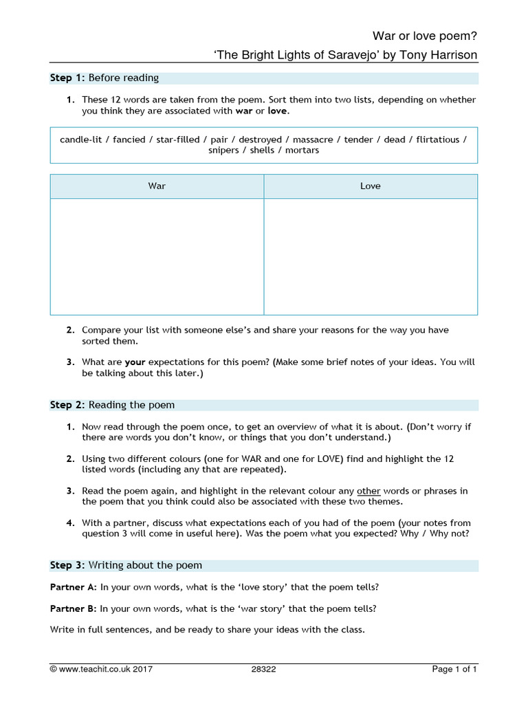 War or Love Poem? The Bright Lights of Saravejo' by Tony Harrison | PDF
