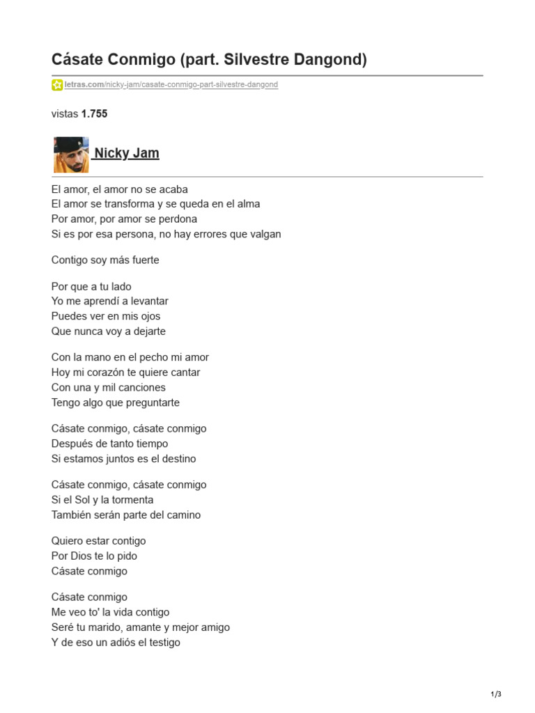 Letra de "Cásate Conmigo" | PDF