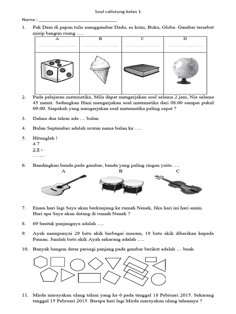 Soal Calistung Kelas 1 SD | PDF | Metode & Bahan Ajar | Seni