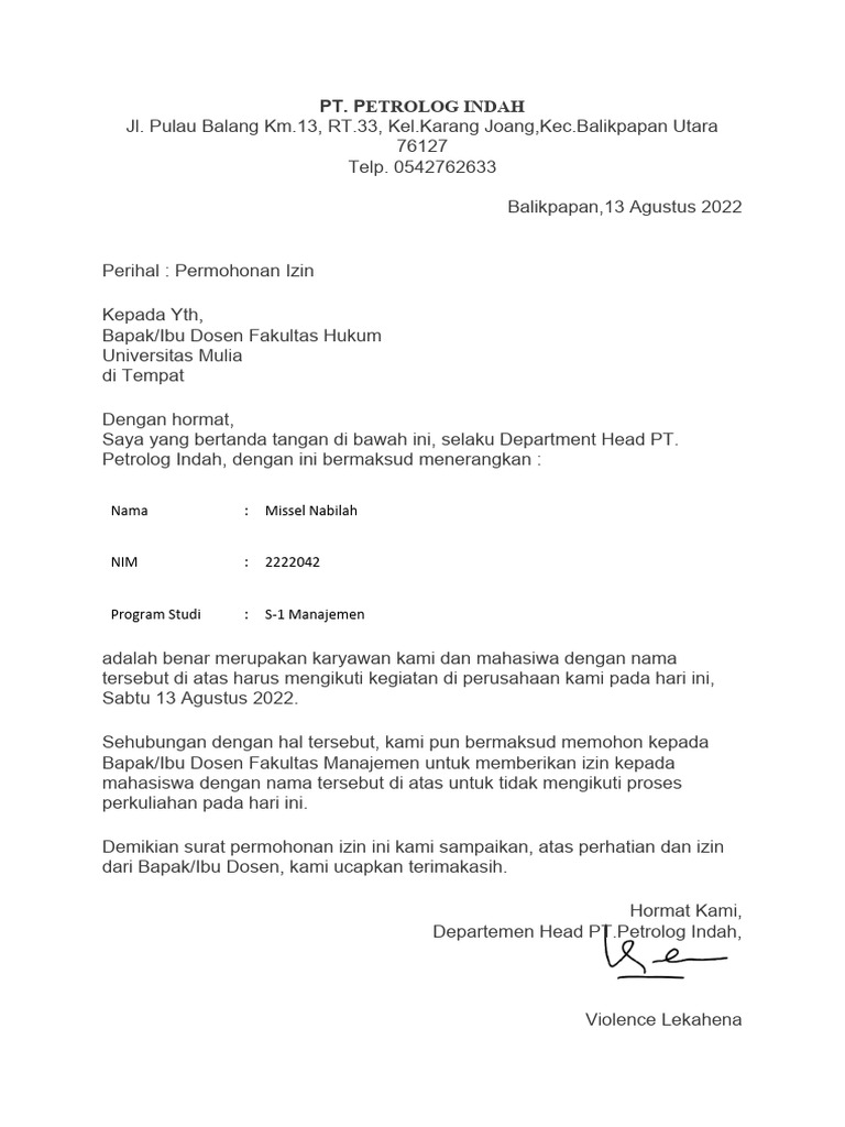 Pt. Petrolog Indah: Nama: Missel Nabilah NIM: 2222042 Program Studi: S ...