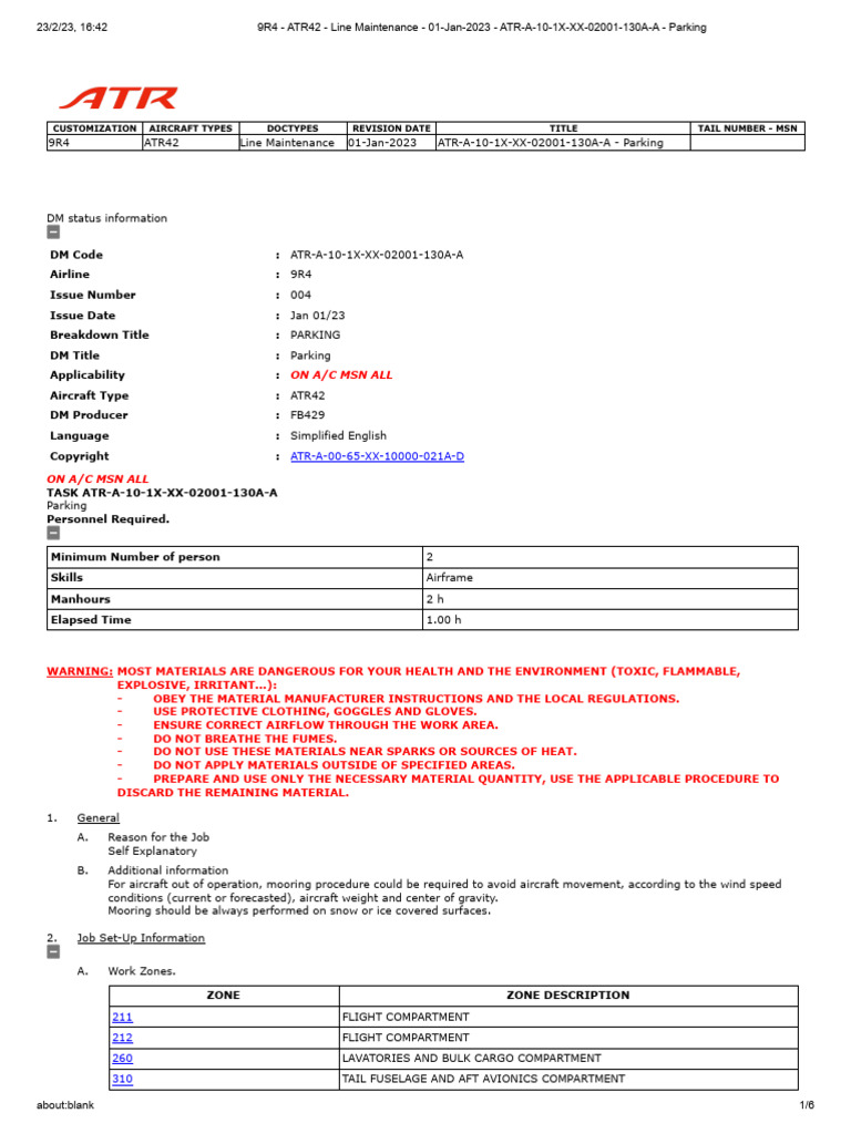9R4 - ATR42 - Line Maintenance - 01-Jan-2023 - ATR-A-10-1X-XX-02001-130A-A - Parking | PDF ...