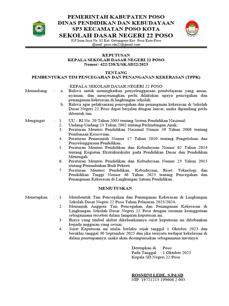 SK Tim Pencegahan Dan Penanganan Kekerasan SDN 22 POSO 2023 | PDF