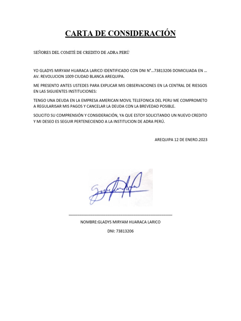 MODELO CARTA DE CONSIDERACIÓN | PDF