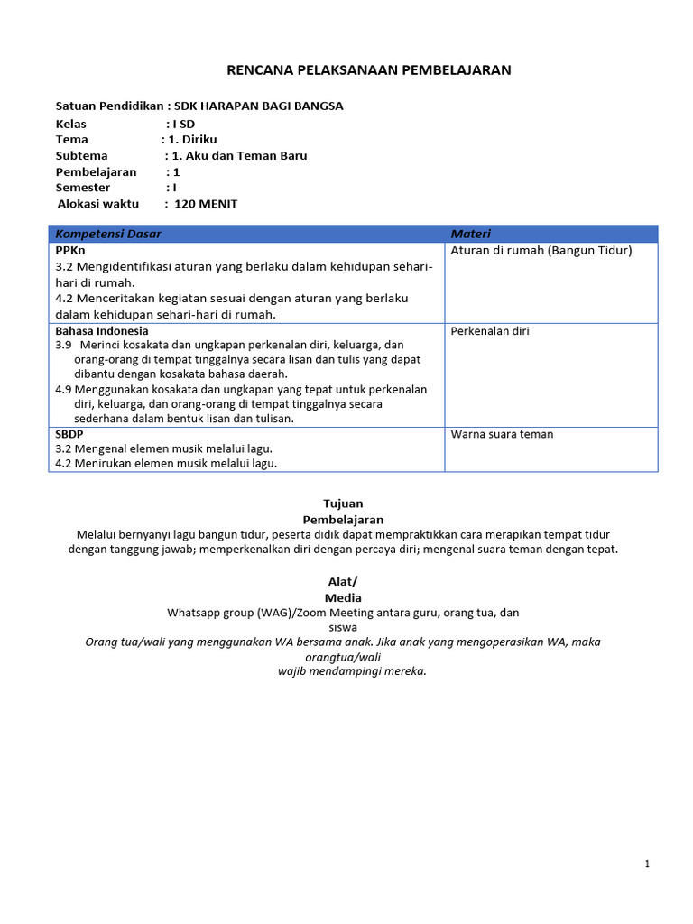 RPP Daring Kelas 1 SD Semester 1 Tema 1 Subtema 1 Pembelajaran 1 | PDF