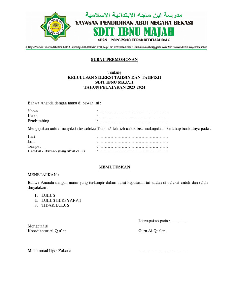 Surat Permohonan Seleksi Kelulusan Tahsin Tahfizh | PDF