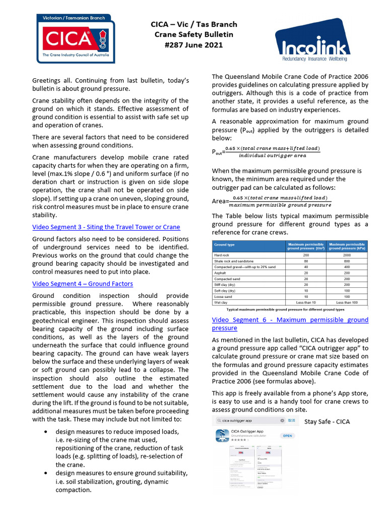 CICA CraneSafetyBulletin287GroundPressure | PDF | Crane (Machine) | Geotechnical Engineering