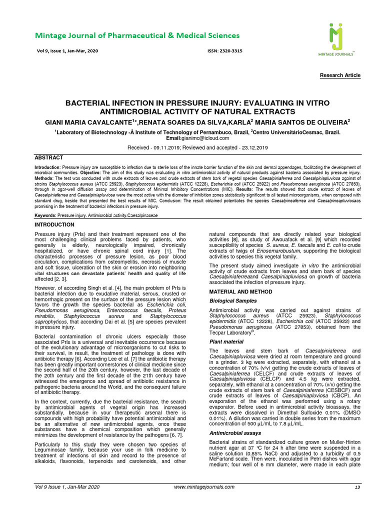 Bacterial Infection in Pressure Injury Evaluating in Vitro Antimicrobial Activity of Natural ...