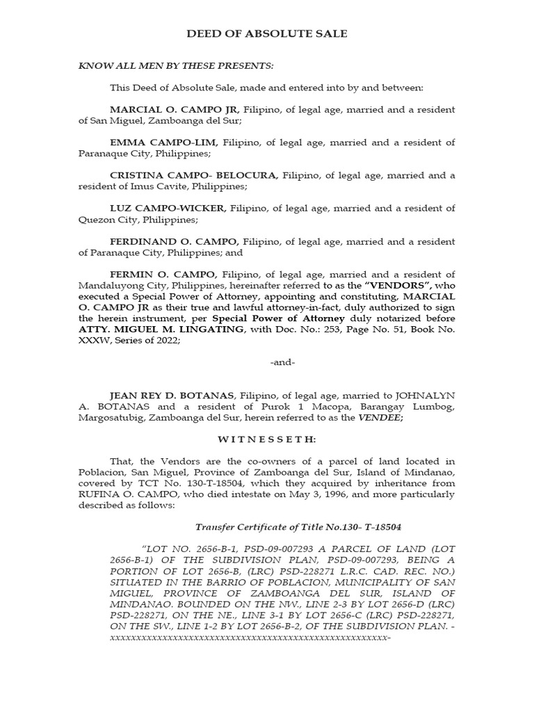 DEED OF ABSOLUTE SALE With Spa Sample | PDF | Philippines | Legal Concepts