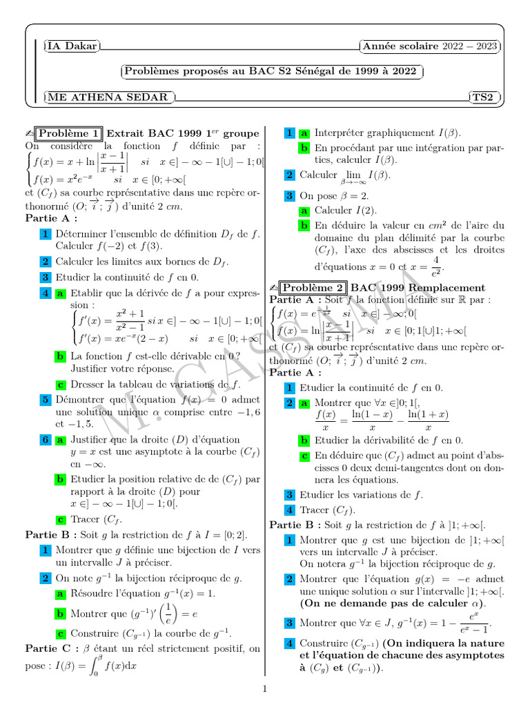 Problèmes de Maths BAC S2 Sénégal 1999-2022 | PDF | Fonction ...