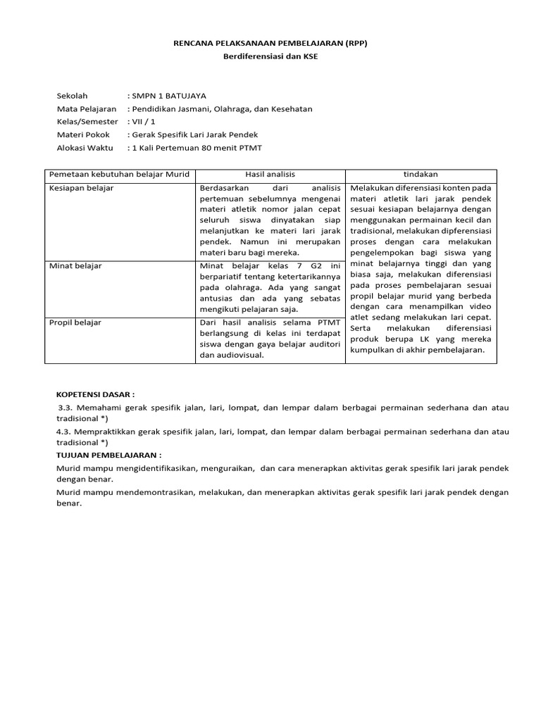 RPP Pjok Berdiferensiasi Dan Kse | PDF
