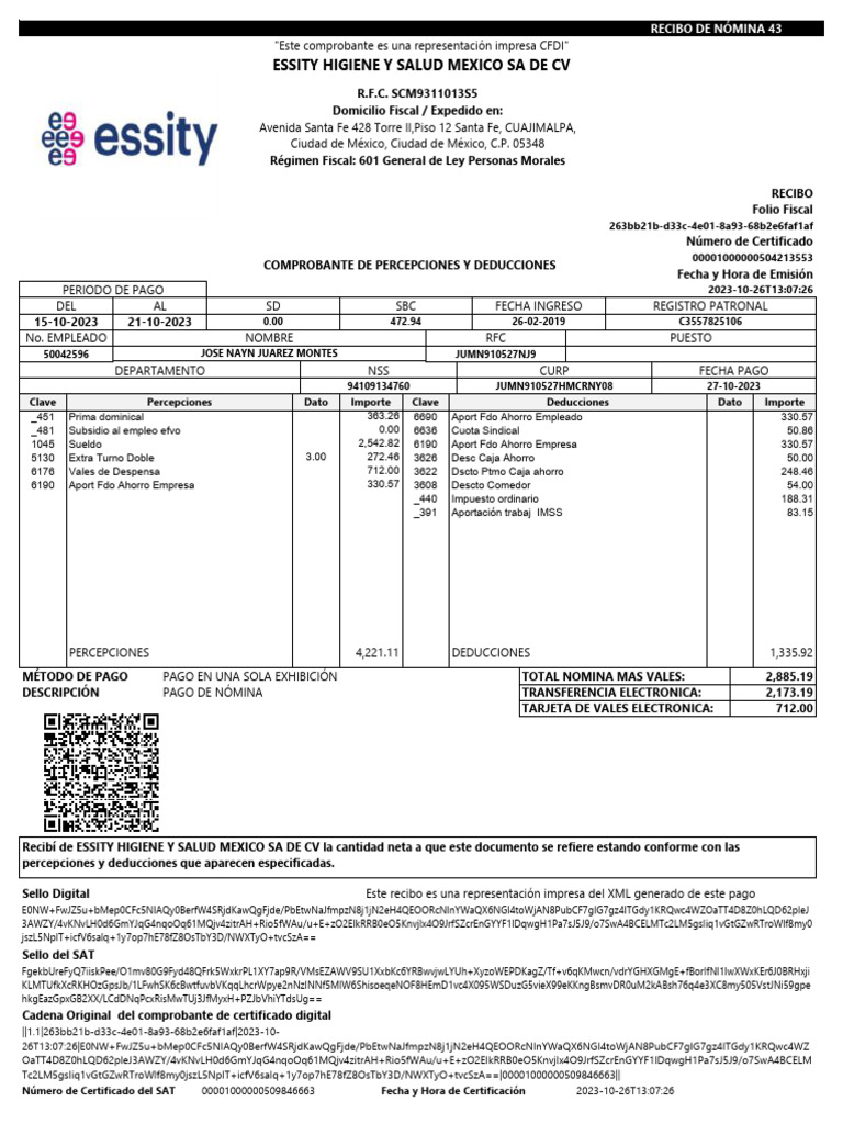 Nómina de Essity México - Octubre 2023 | PDF