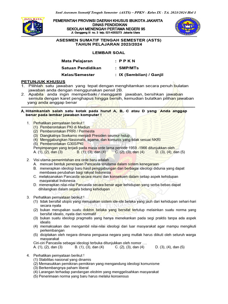 Soal ASTS PPKN Kelas IX 2023/2024 | PDF