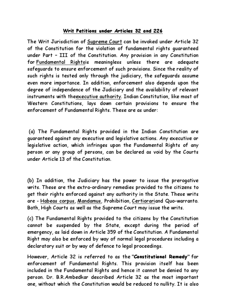 Writ Petitions Under Articles 32 and 226 | PDF | Writ | Writ Of Prohibition