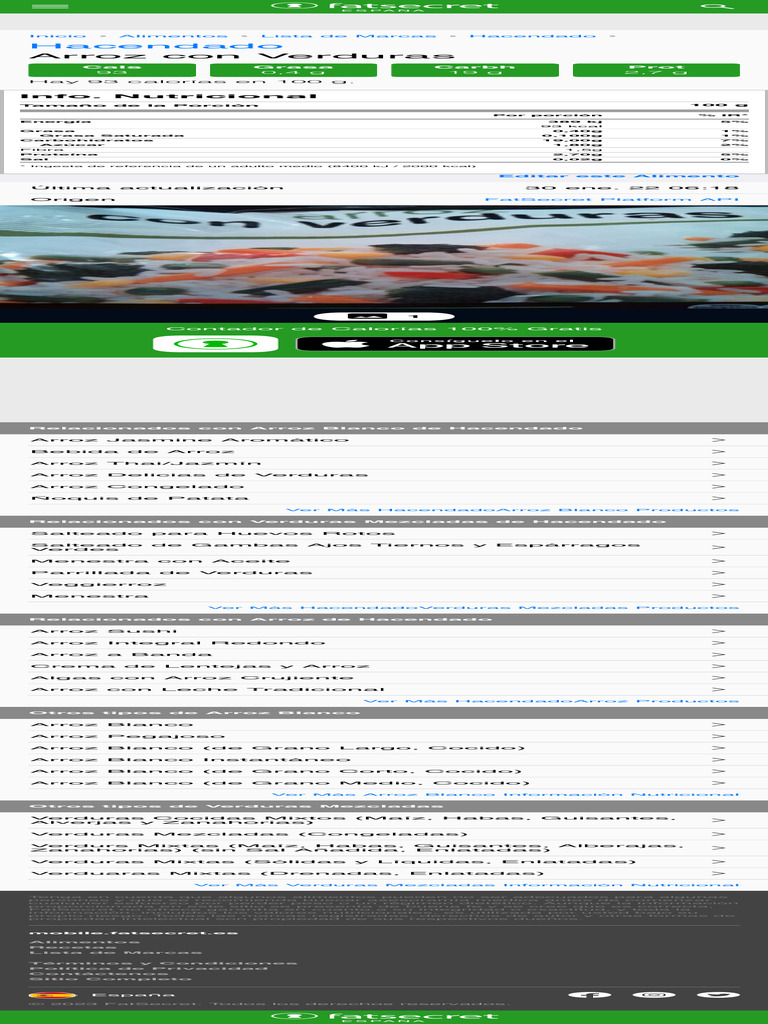 Calorías en Hacendado Arroz Con Verduras e Inform | PDF | Vegetales | Alimentos