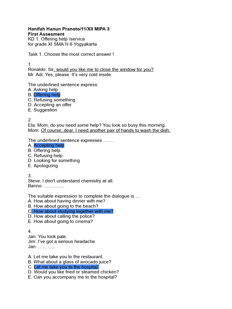 Offering Help and Service Quiz | PDF | Art