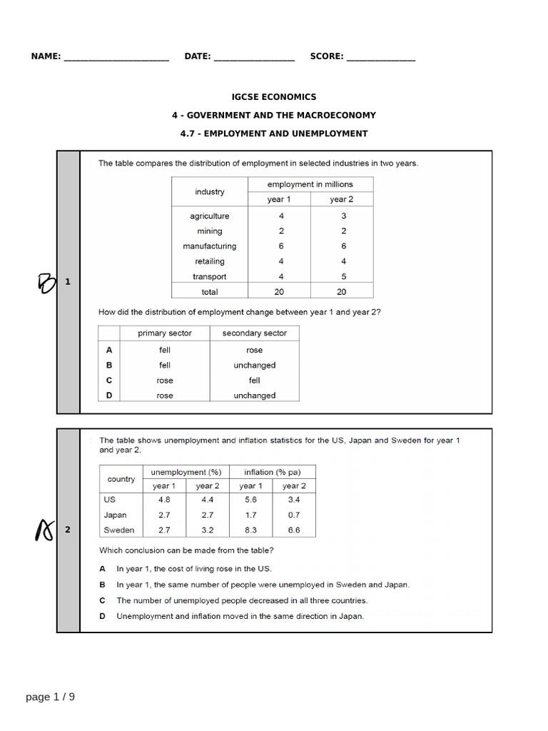 IGCSE Economics - 4.7 - Employment and Unemployment SIA | PDF ...