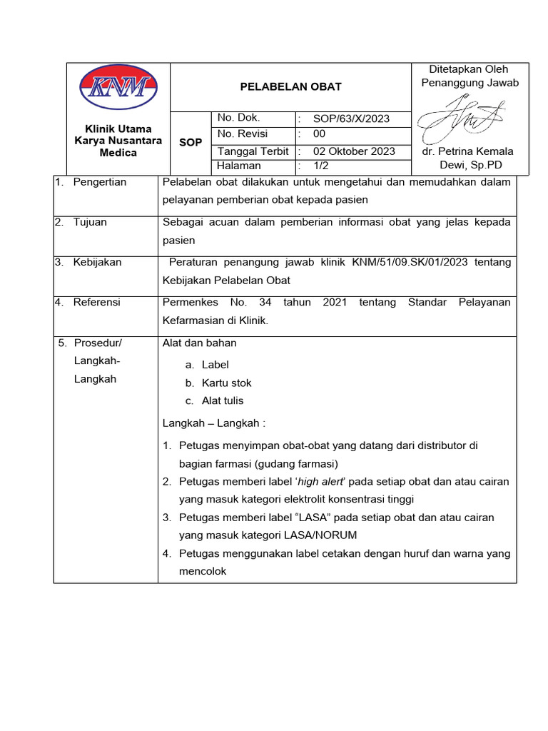 1.1 Sop Pelabelan Obat High Alert | PDF