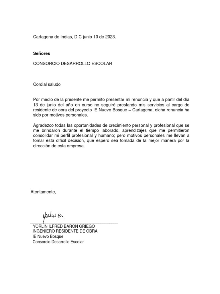 Carta de Renuncia Yorlin Baron | PDF