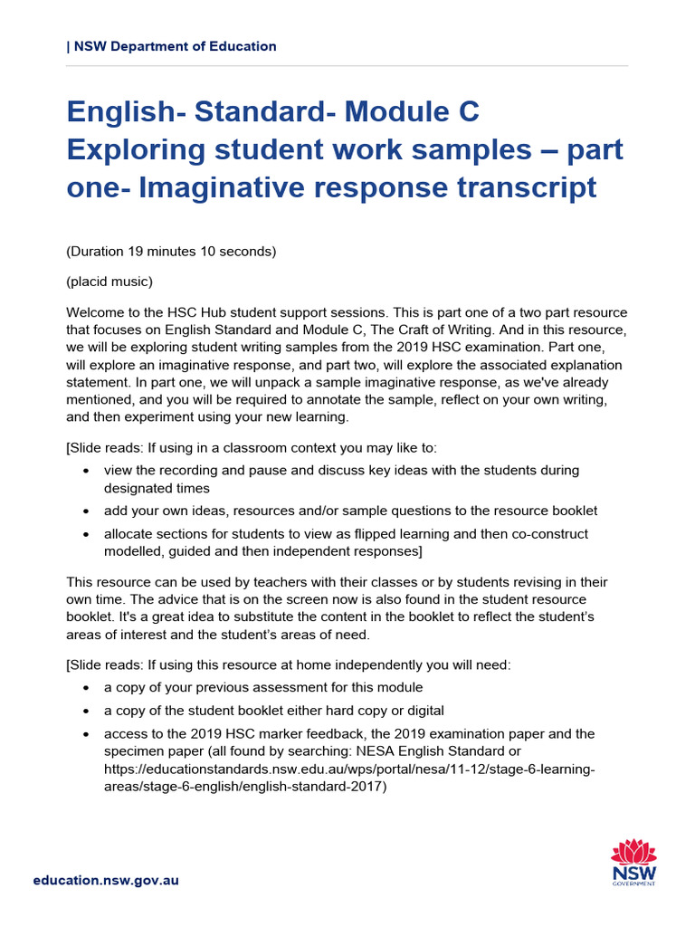 English Standard Module C Work Samples p1 Imaginative Transcript s6 | Download Free PDF ...