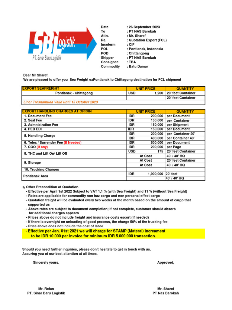 Quotation Export PT Nas Chittagong | PDF | Cargo | Service Industries