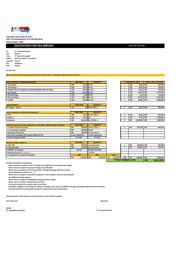 Quotation Import Singapore To Jakarta | Download Free PDF | Cargo ...