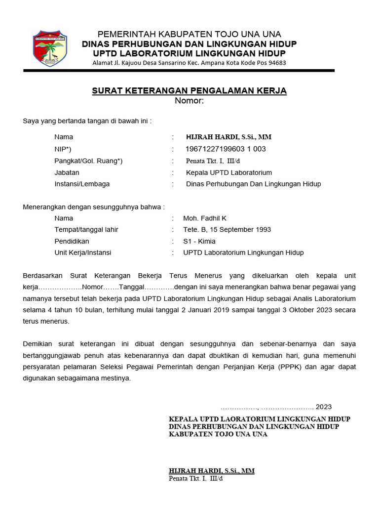 Format Surat Keterangan Pengalaman Kerja - PPPK 2023 - Touna | PDF
