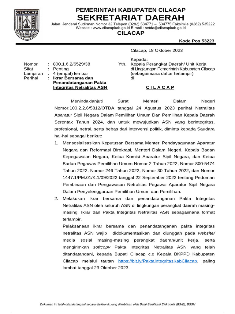 Ikrar Bersama Dan Penandatanganan Pakta Integritas Netralitas ASN OPD | PDF