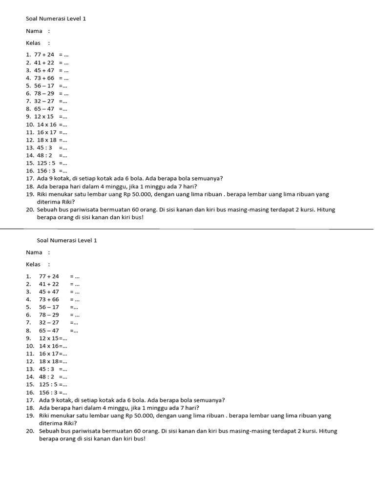 Soal Numerasi Level 1-5 SP2K Ke-2 Final | PDF | Metode & Bahan Ajar