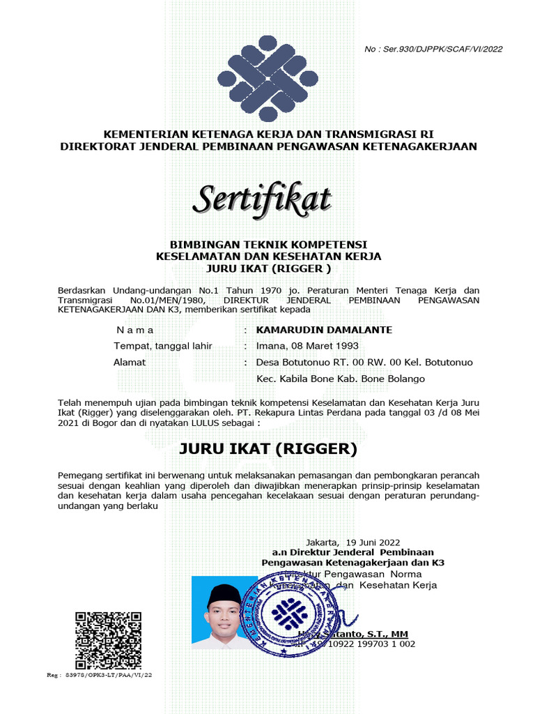 Sertifikat Operator K3 Juru Ikat Rigger KAMARUDIN DAMALANTE | PDF Sertifikat Operator K3 Juru Ikat Rigger KAMARUDIN DAMALANTE | PDF