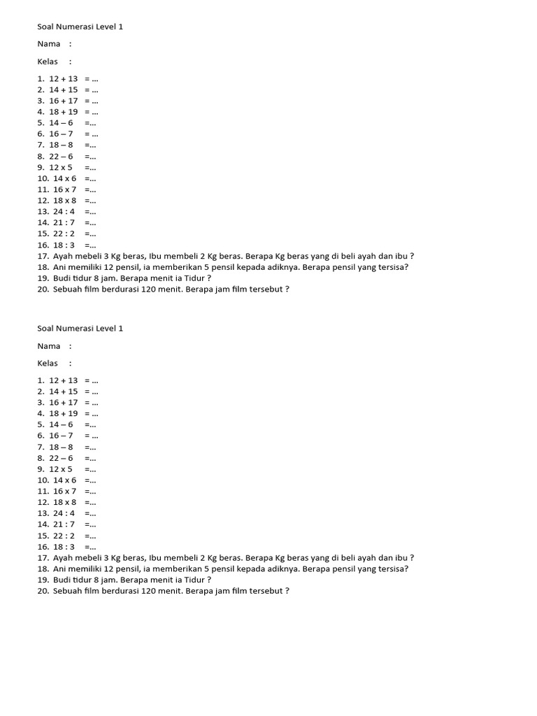 Soal Numerasi Level 1 SP2K | PDF | Game & Aktivitas