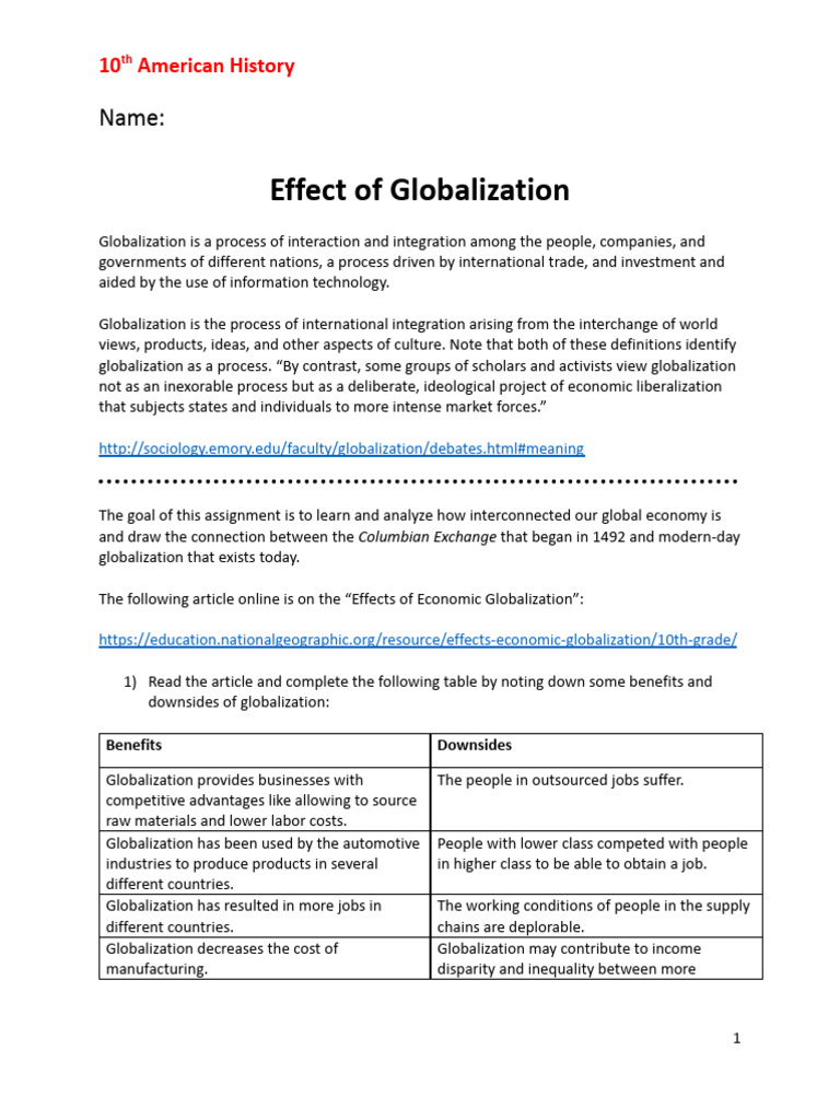 10th US History - Globalization - Worksheet | PDF | Globalization ...