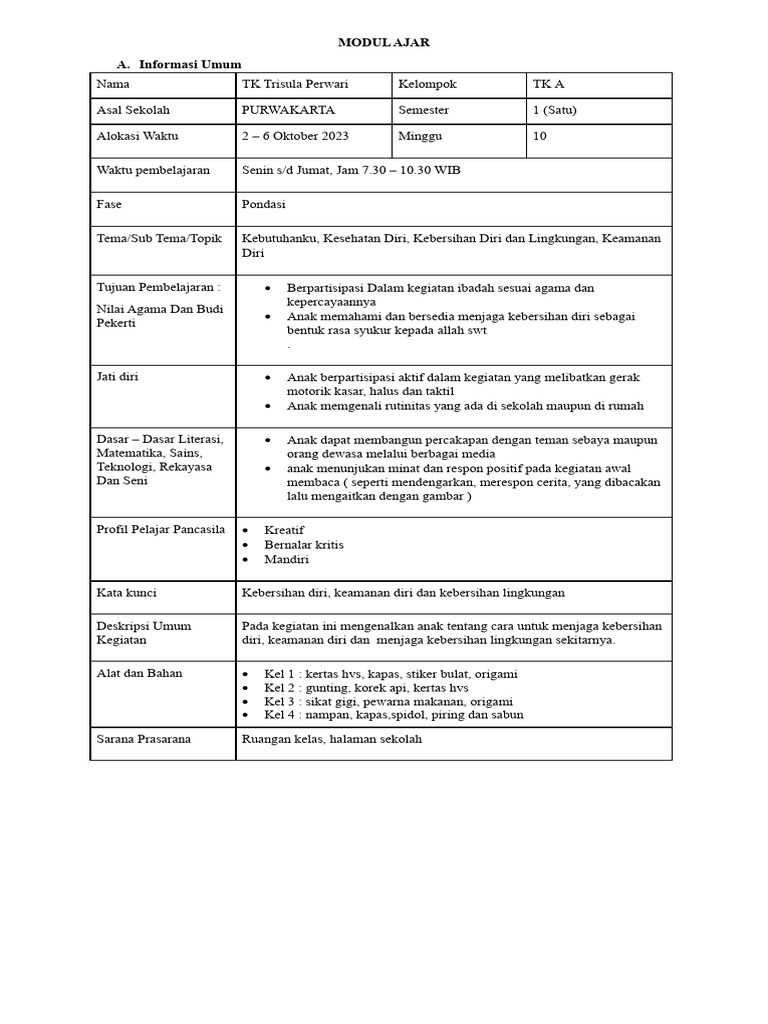 Modul Ajar - Kesehatan, Kebersihan Dan Keamanan | PDF