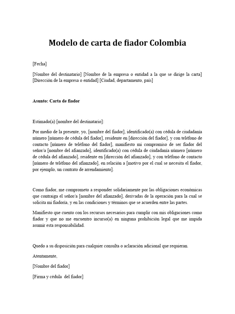 Modelo de Carta de Fiador Colombia | PDF