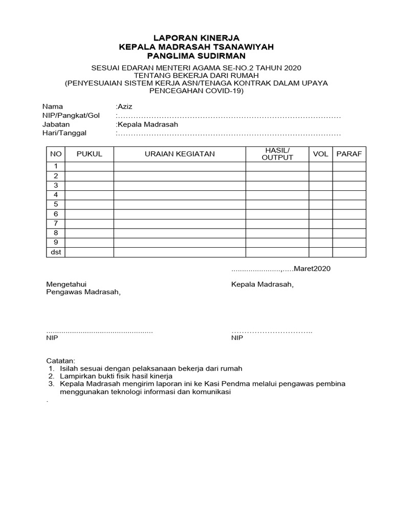 Laporan Kinerja Kepala Madrasah 2020 | PDF