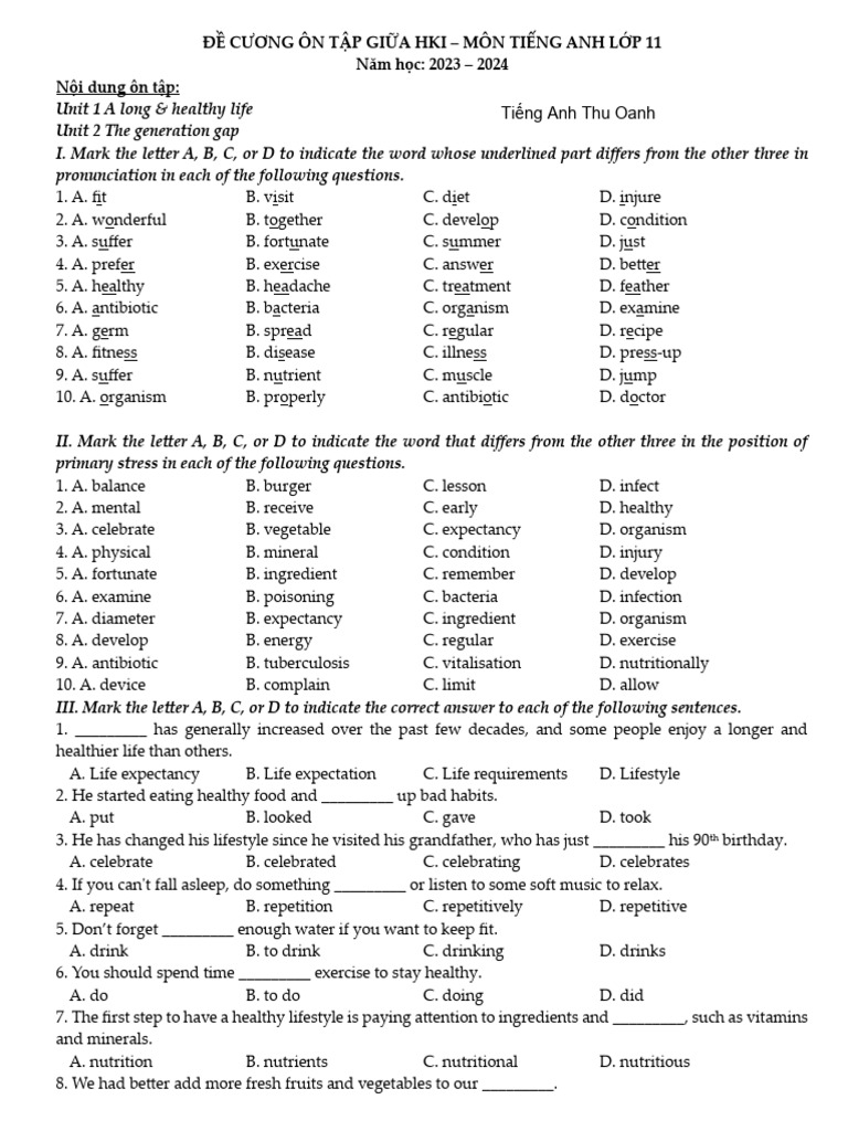 Tiếng Anh Lớp 11 - đề Cương Ôn Tập Giữa Hki | PDF | Infection | Diet (Nutrition)