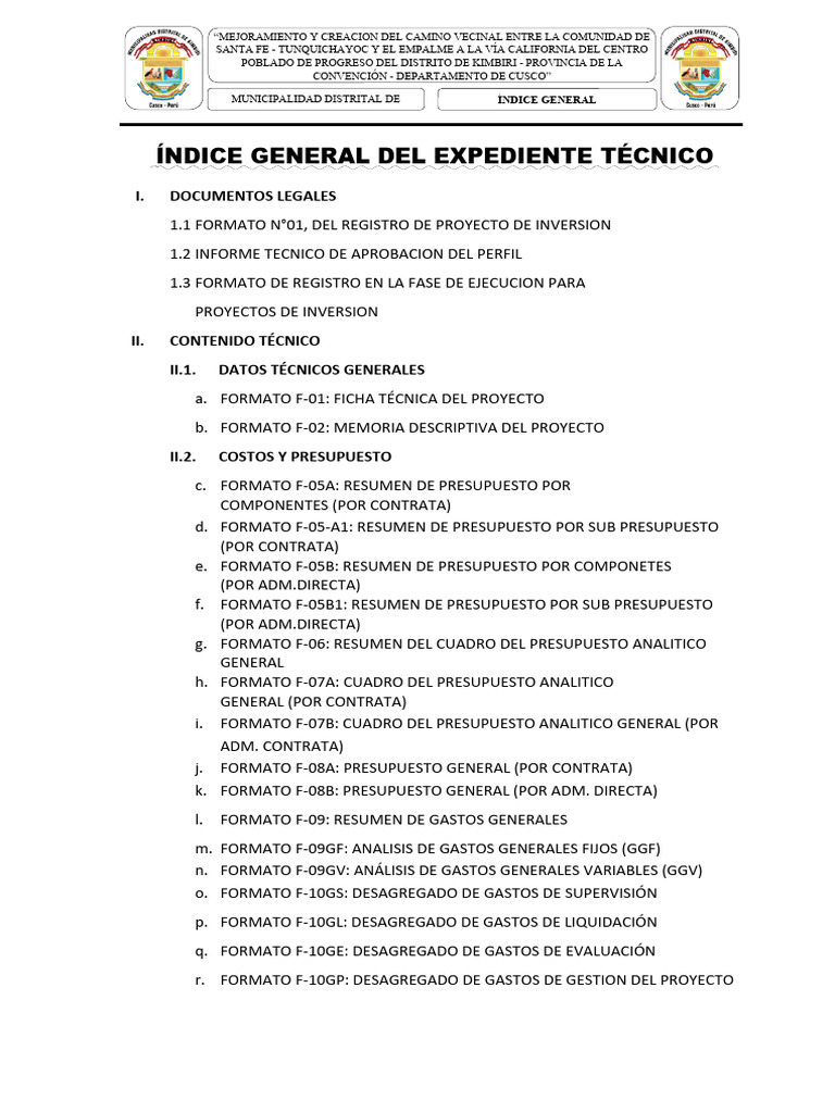 Índice General Del Expediente Técnico 2023 | PDF | Presupuesto | Dinero
