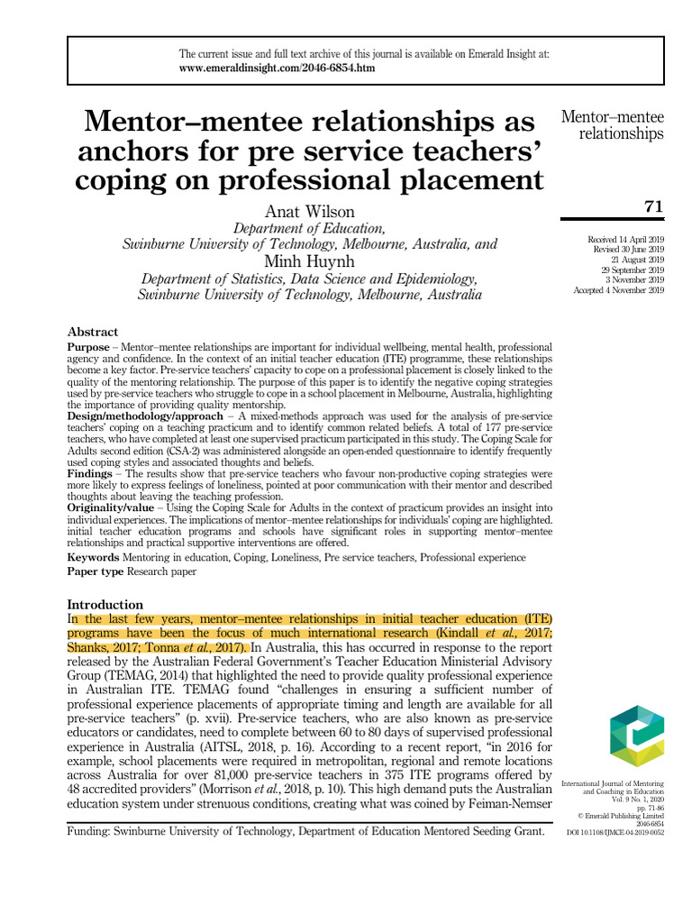 Mentor-Mentee Relationships As Anchors For Pre Service Teachers' Coping On Professional ...