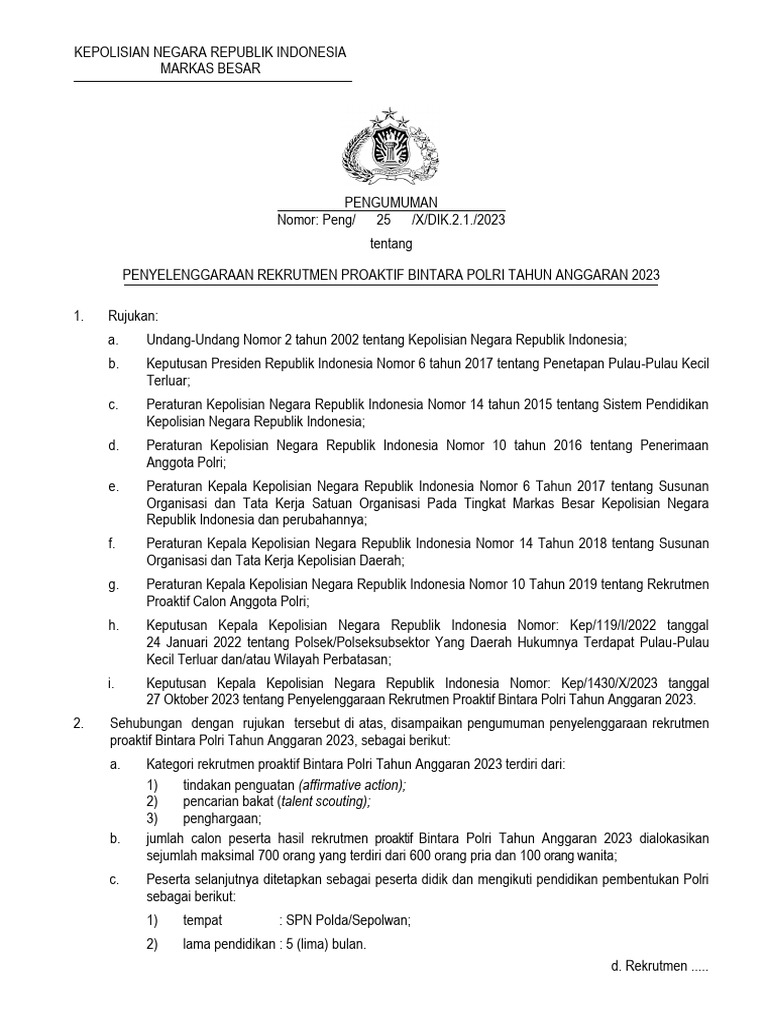 Pengumuman Rekrutmen Proaktif Dalam Penerimaan Bintara Polri Ta 2023 | PDF