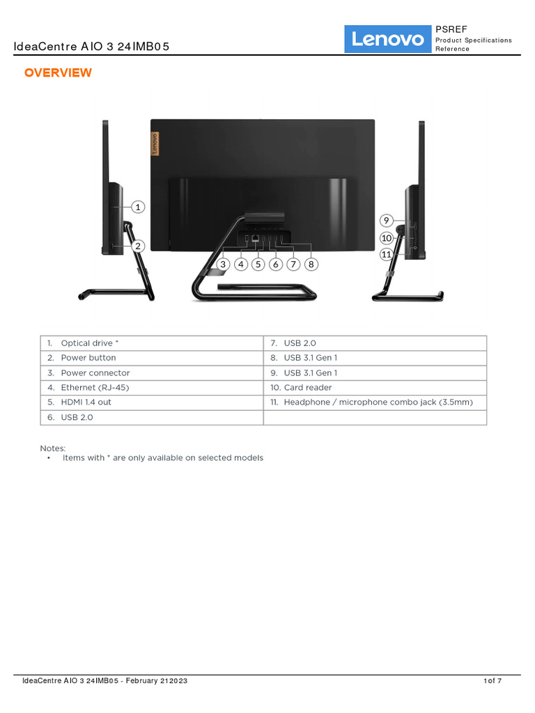 IdeaCentre AIO 3 24IMB05 Spec | PDF | Usb | Hdmi