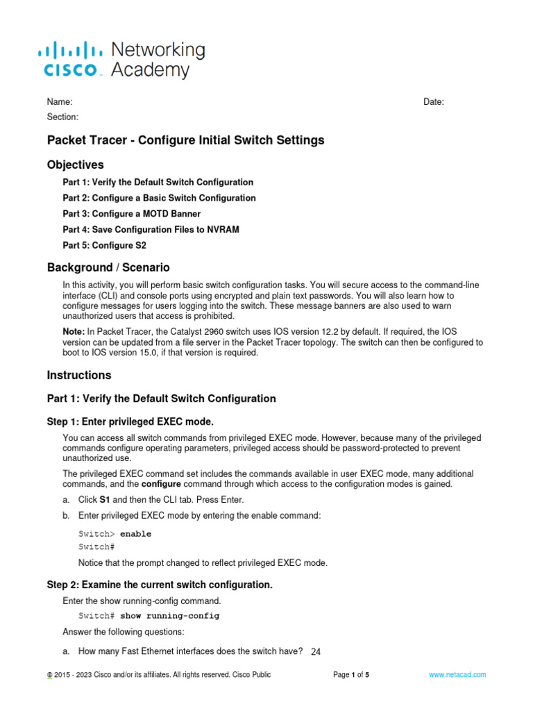 2 5 5 Packet Tracer Configure Initial Switch Settings Answered Download Free Pdf Command