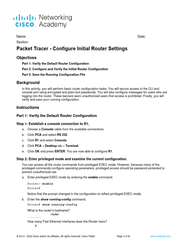 10 1 4 Packet Tracer Configure Initial Router Settings Answered Pdf Command Line Interface