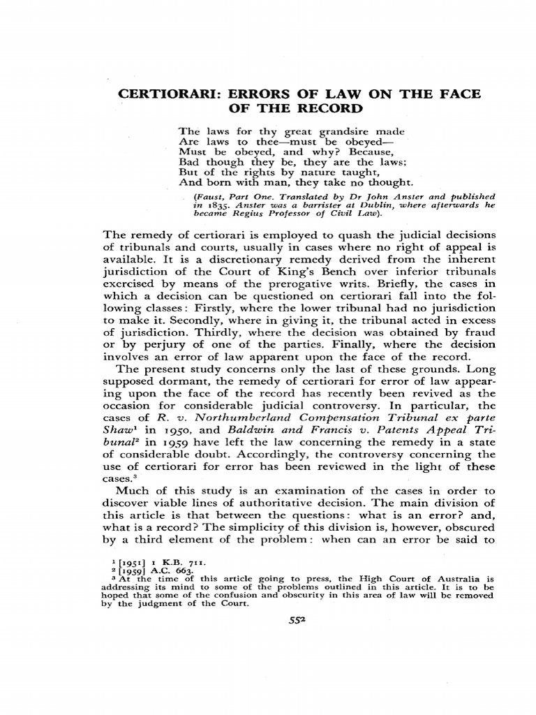 Certiorari Errors of Law On The Face of The Record | PDF | Certiorari ...