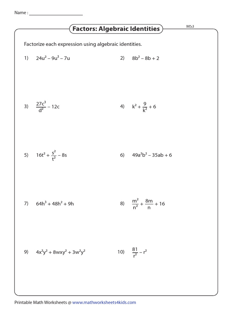 Algebra Identities Factorization Mixed-Moderate-3 | PDF | Mathematics