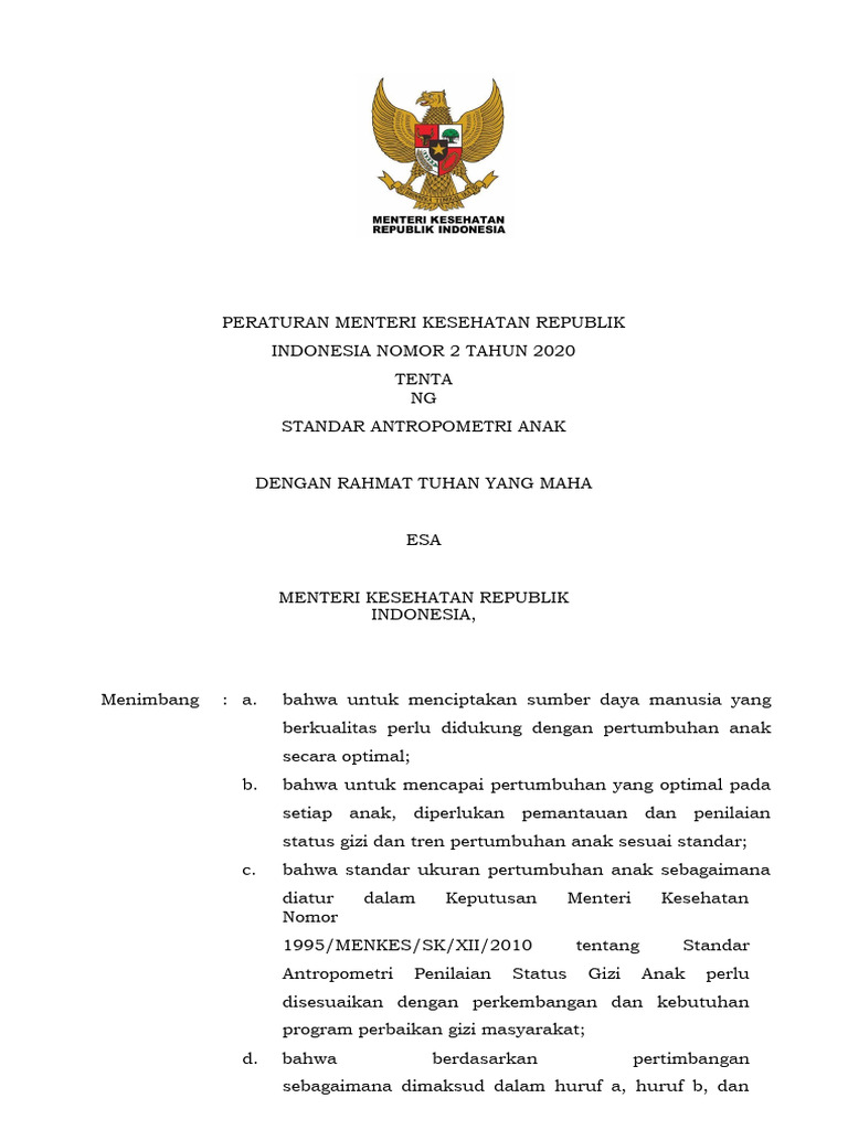 PMK No. 2 TH 2020 TTG Standar Antropometri Anak | PDF