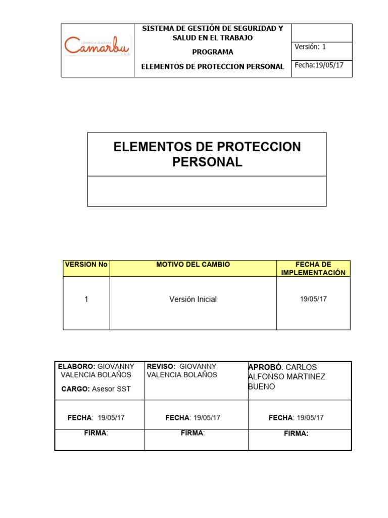 Programa de Elementos de Proteccion Personal - Epp | PDF | Valores | Seguridad y salud ocupacional