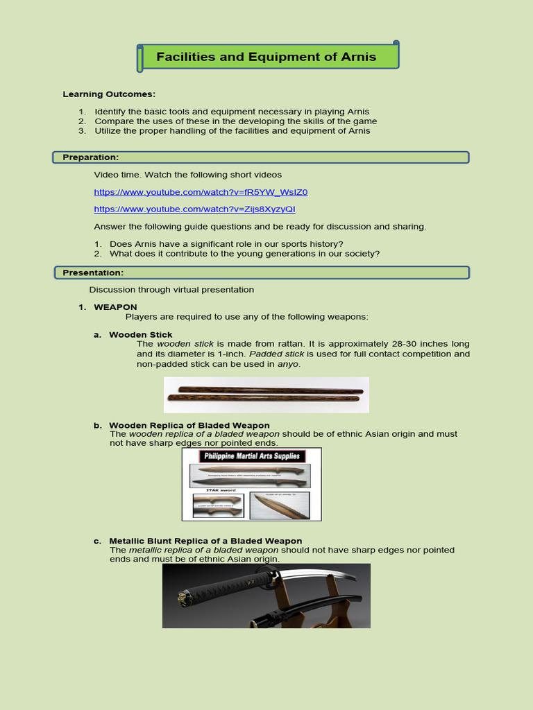 Arnis Facilities and Equipment Overview | PDF | Knife | Equipment