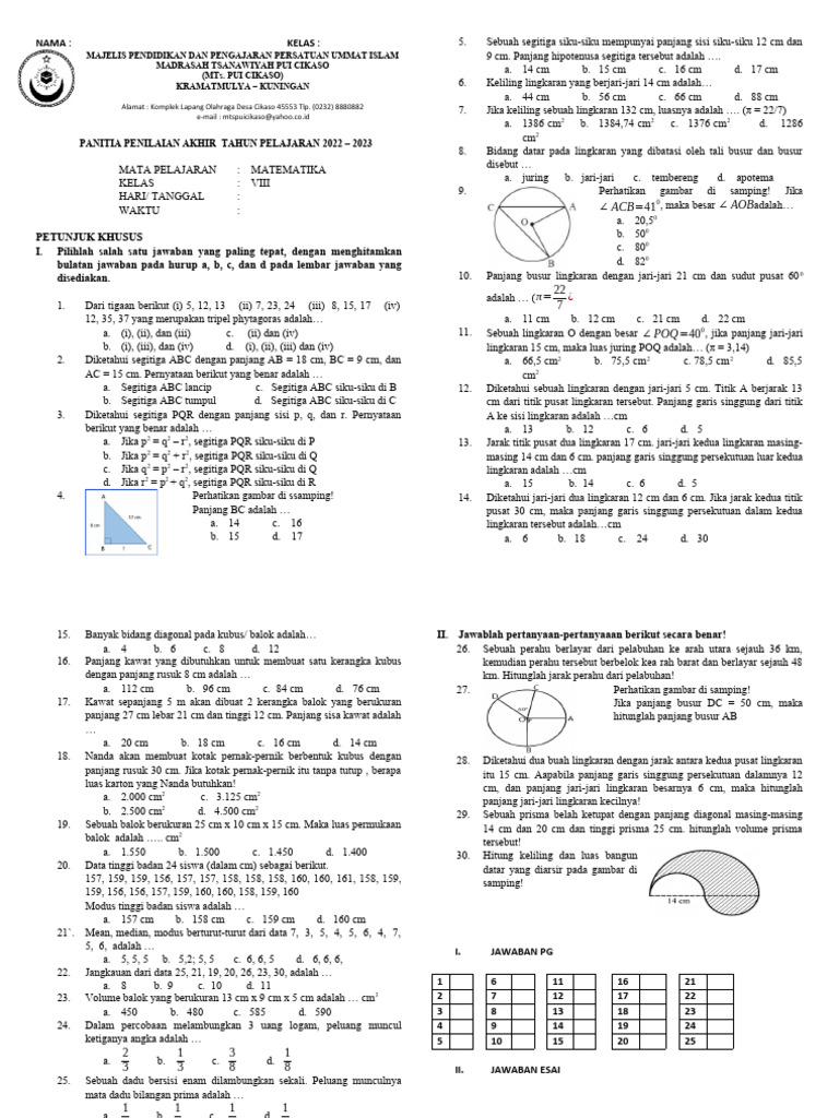 Soal PAT MTK Kelas 8 | PDF