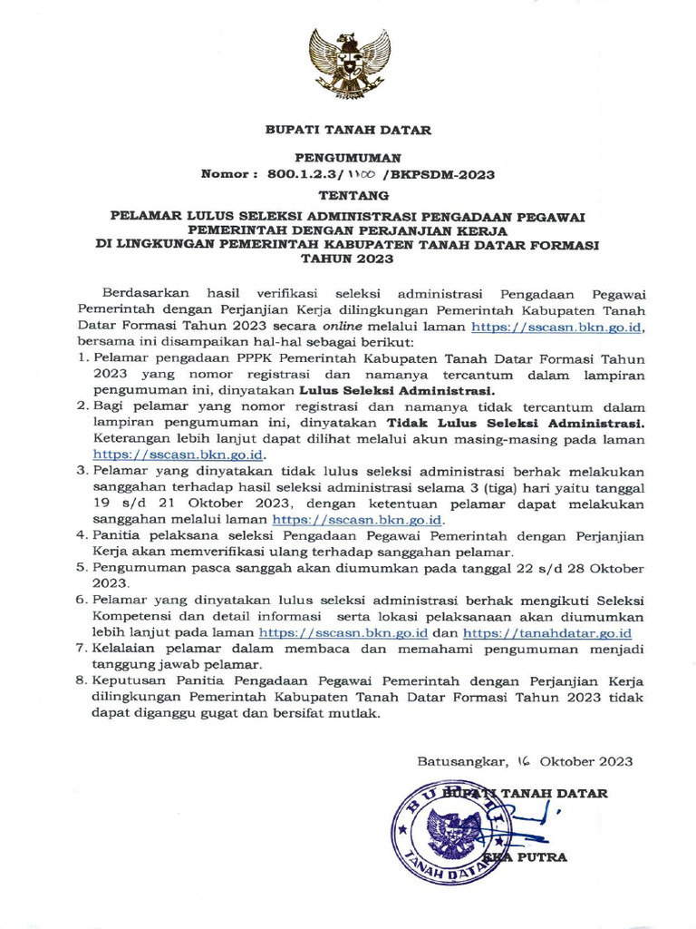 Pengumuman Lulus Seleksi Administrasi PPPK 2023 | PDF