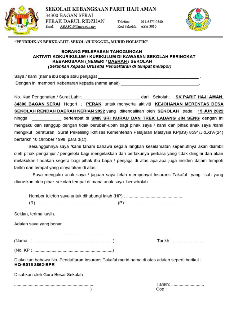 Surat Kebenaran D Perakuan Kesihatan BAWA MURID | PDF