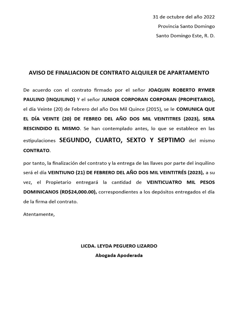 Aviso de Finalizacion de Contrato Corporan | PDF Aviso de Finalizacion de Contrato Corporan | PDF